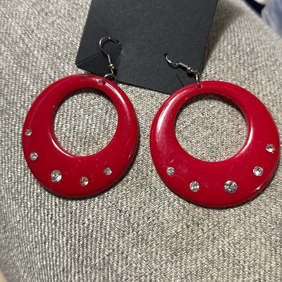 Jewelry | Vtg Red Hoop Earrings With Rinestones | Poshmark